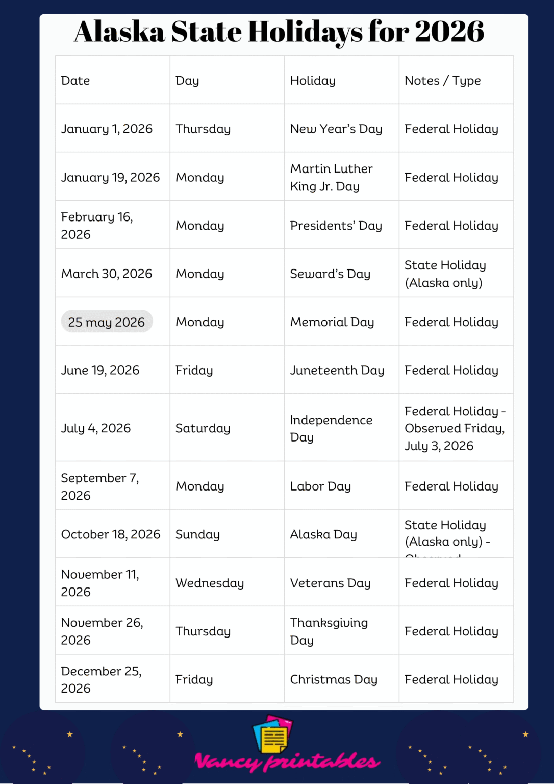 Alaska State AK Holidays for 2026 - Calendar Printable ...