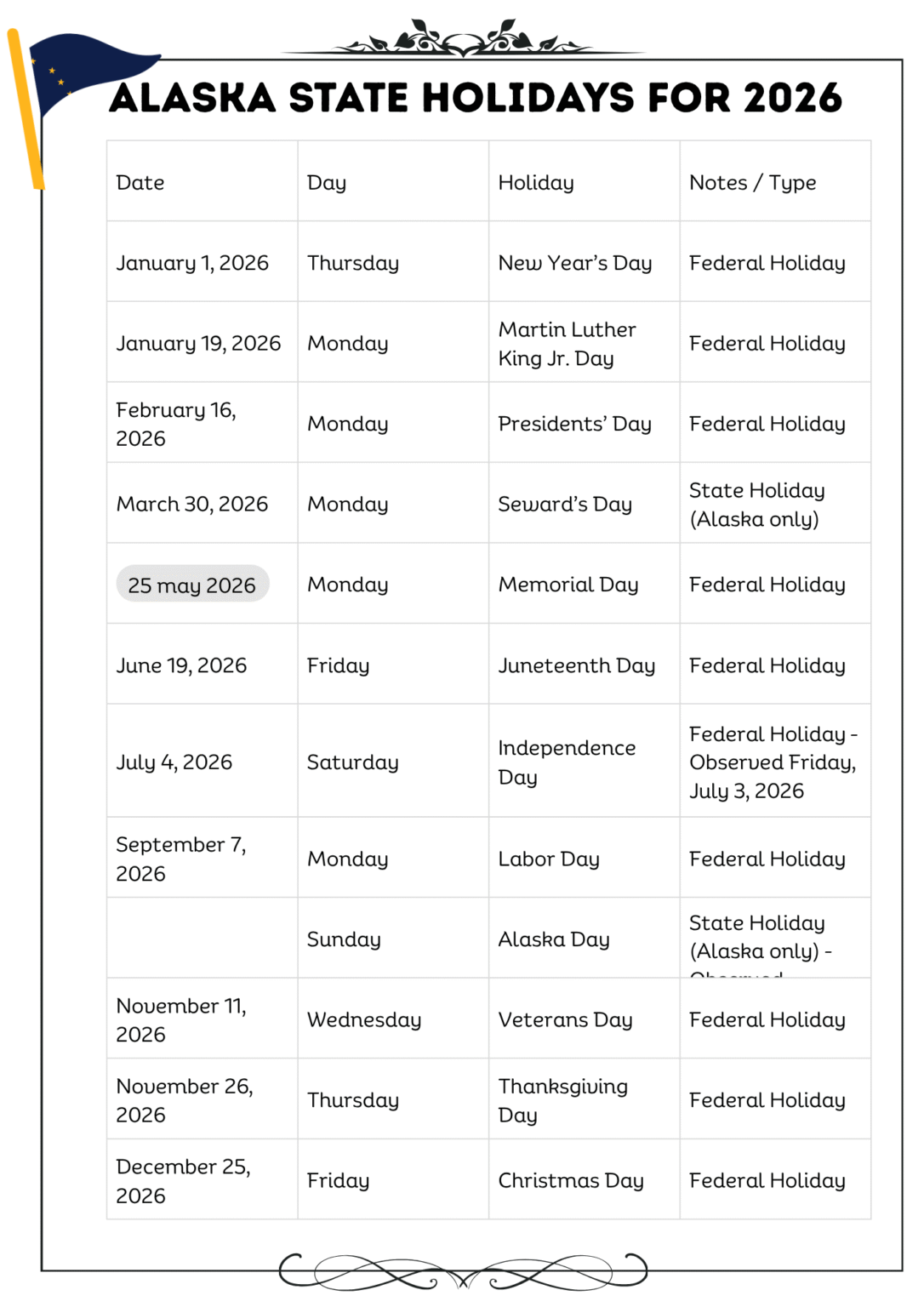 Alaska State AK Holidays for 2026 - Calendar Printable ...