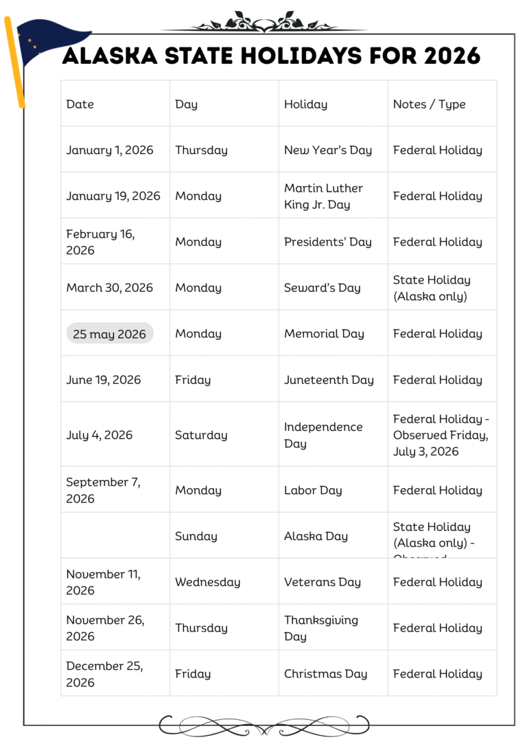 Alaska State AK Holidays for 2026 - Calendar Printable ...
