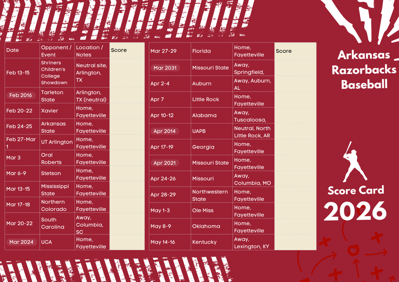 Arkansas Razorbacks Baseball Schedule 2026 Printable PDF ...