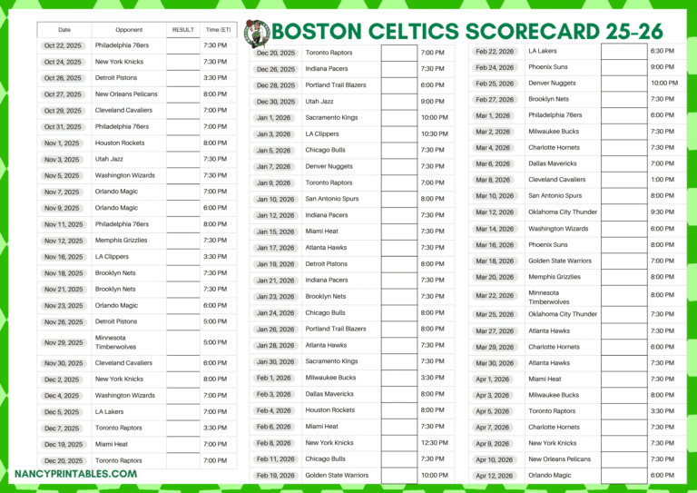 Boston Celtics Printable 25-26 Schedule with Score Card ...