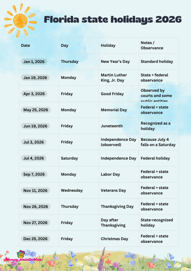 Florida State FL Holidays for 2026 - Printable PDF - nancyprintables.com
