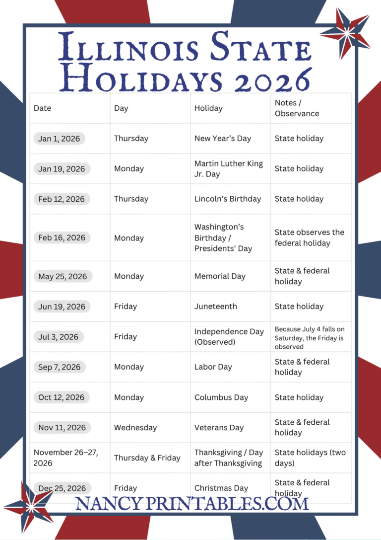Illinois State IL Holidays 2026 - Calendar Printable - nancyprintables.com