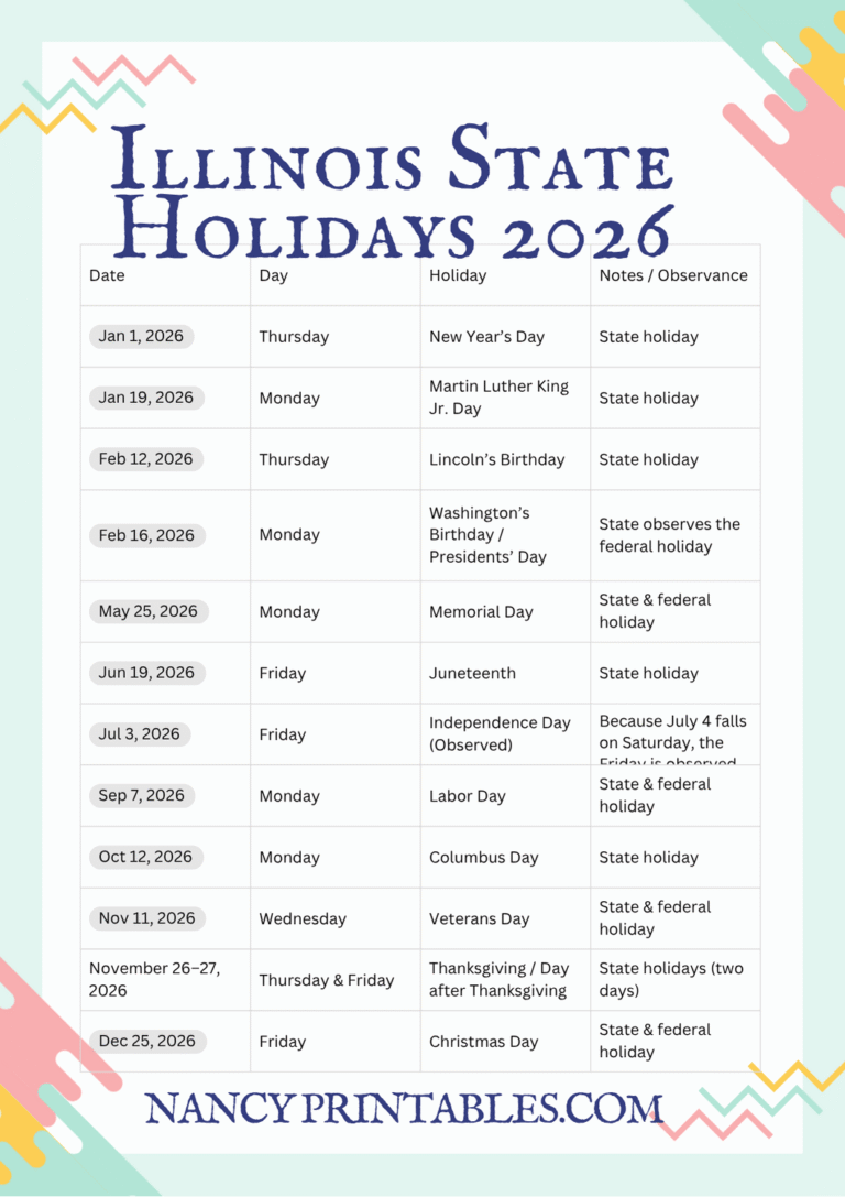 Illinois State IL Holidays 2026 - Calendar Printable - nancyprintables.com