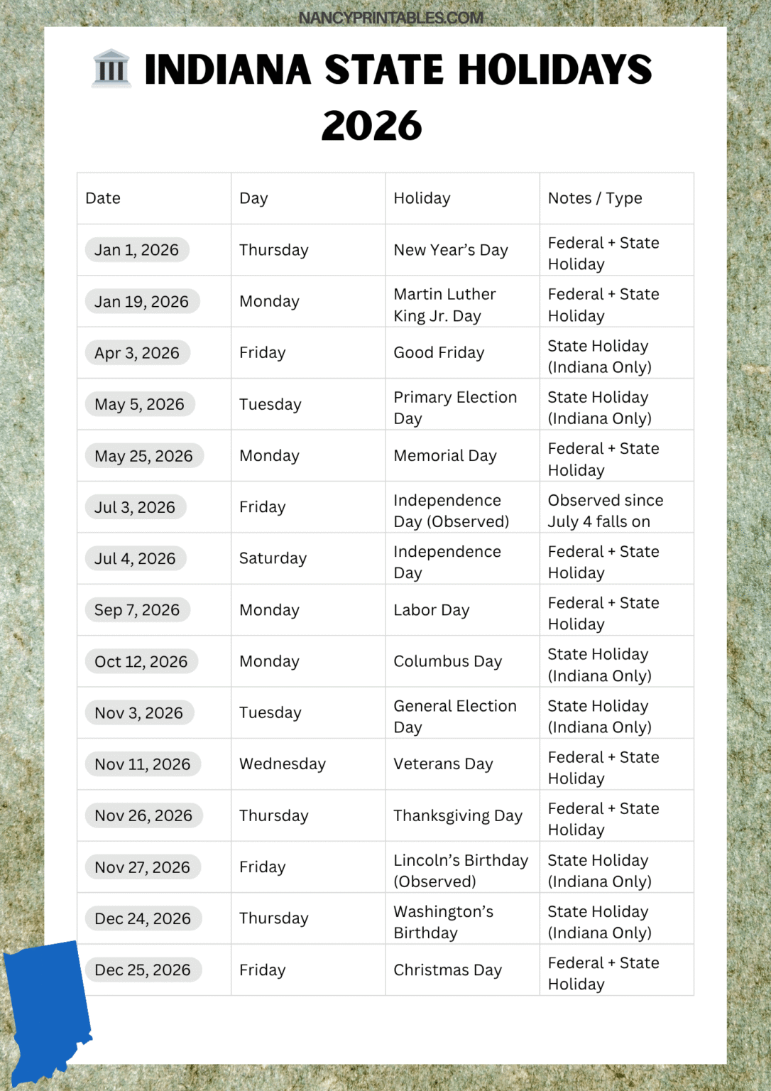 Indiana IN State Holidays 2026 - Calendar Printable - nancyprintables.com