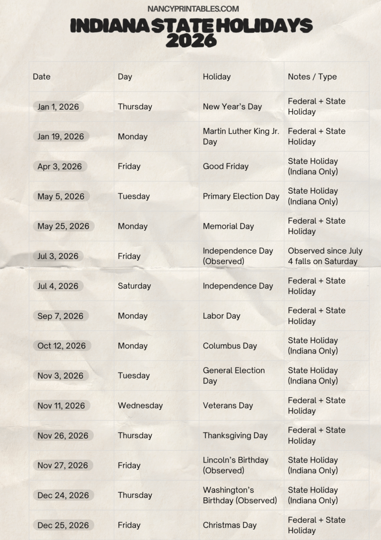 Indiana IN State Holidays 2026 - Calendar Printable - nancyprintables.com
