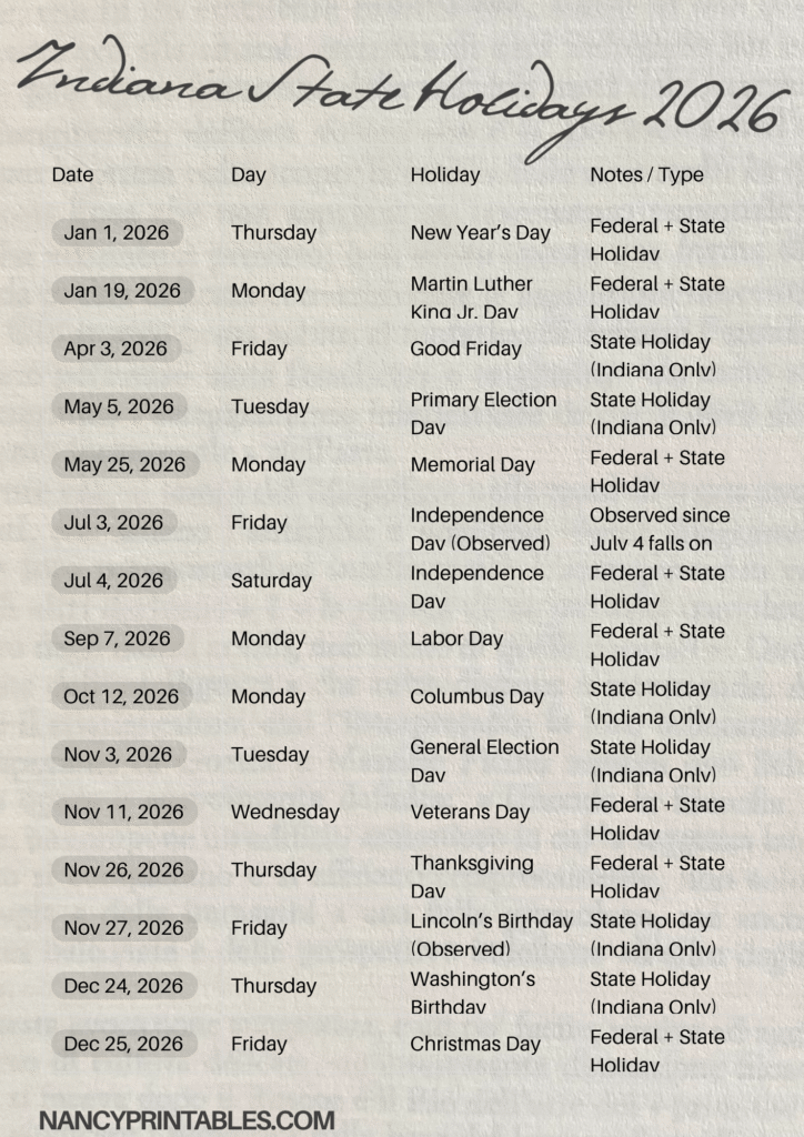 Indiana IN State Holidays 2026 - Calendar Printable - nancyprintables.com