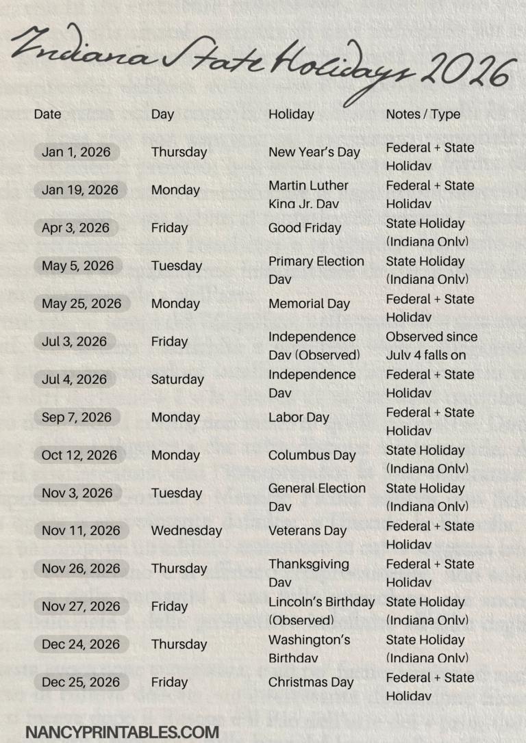 Indiana IN State Holidays 2026 - Calendar Printable - nancyprintables.com