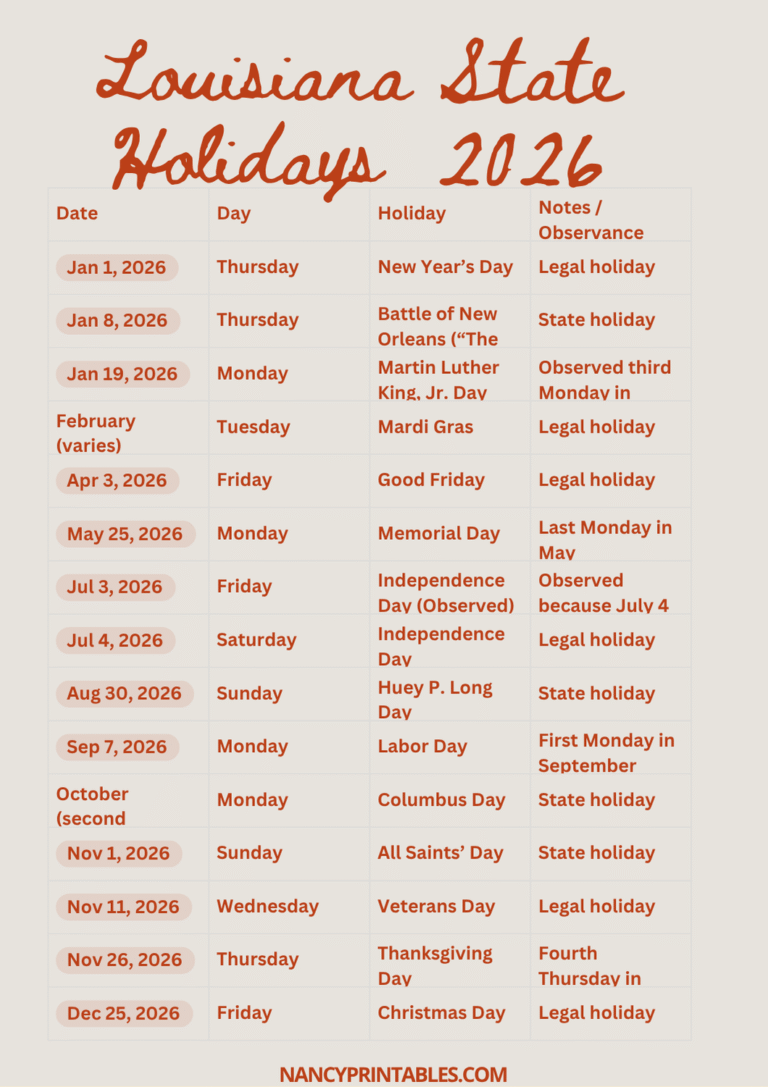 Louisiana State LA Holidays 2026 Printable Calendar - nancyprintables.com