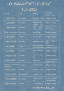 Louisiana State LA Holidays 2026 Printable Calendar - nancyprintables.com
