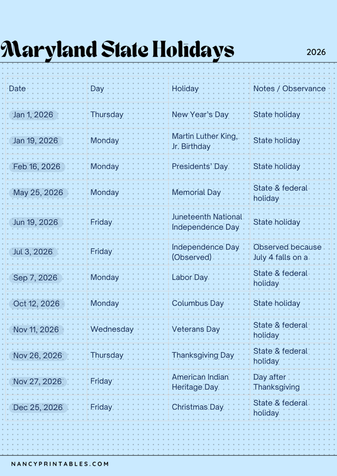 Maryland State Holidays 2026 Calendar Printables - nancyprintables.com