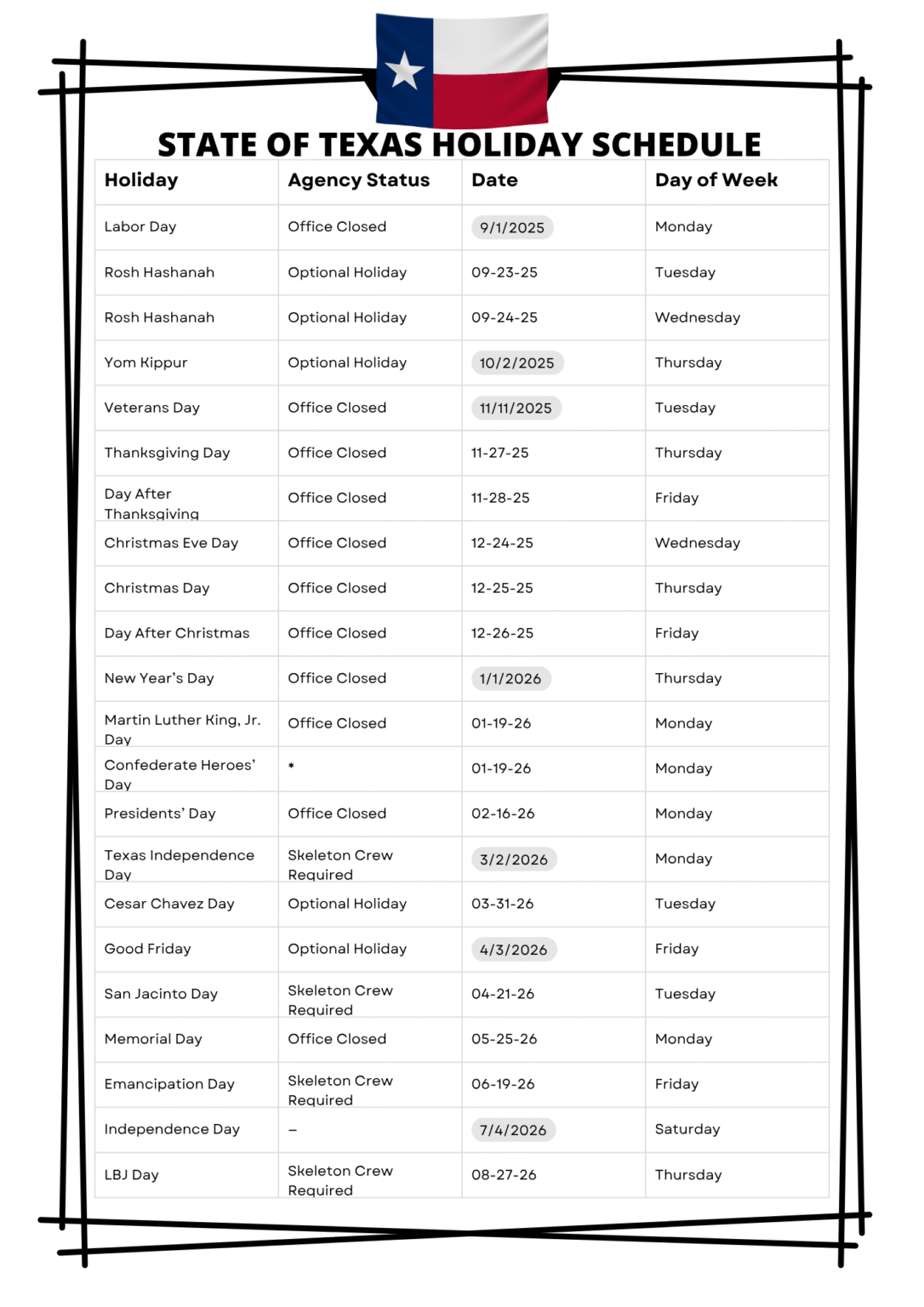State of Texas TX Holidays Schedule 2026 Calendar Downloadable ...
