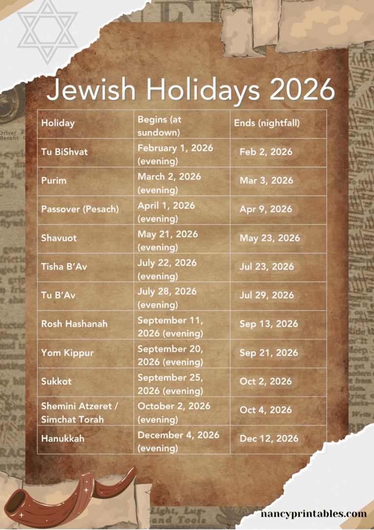 Jewish Holidays 2026 Calendar - Downloadable - nancyprintables.com