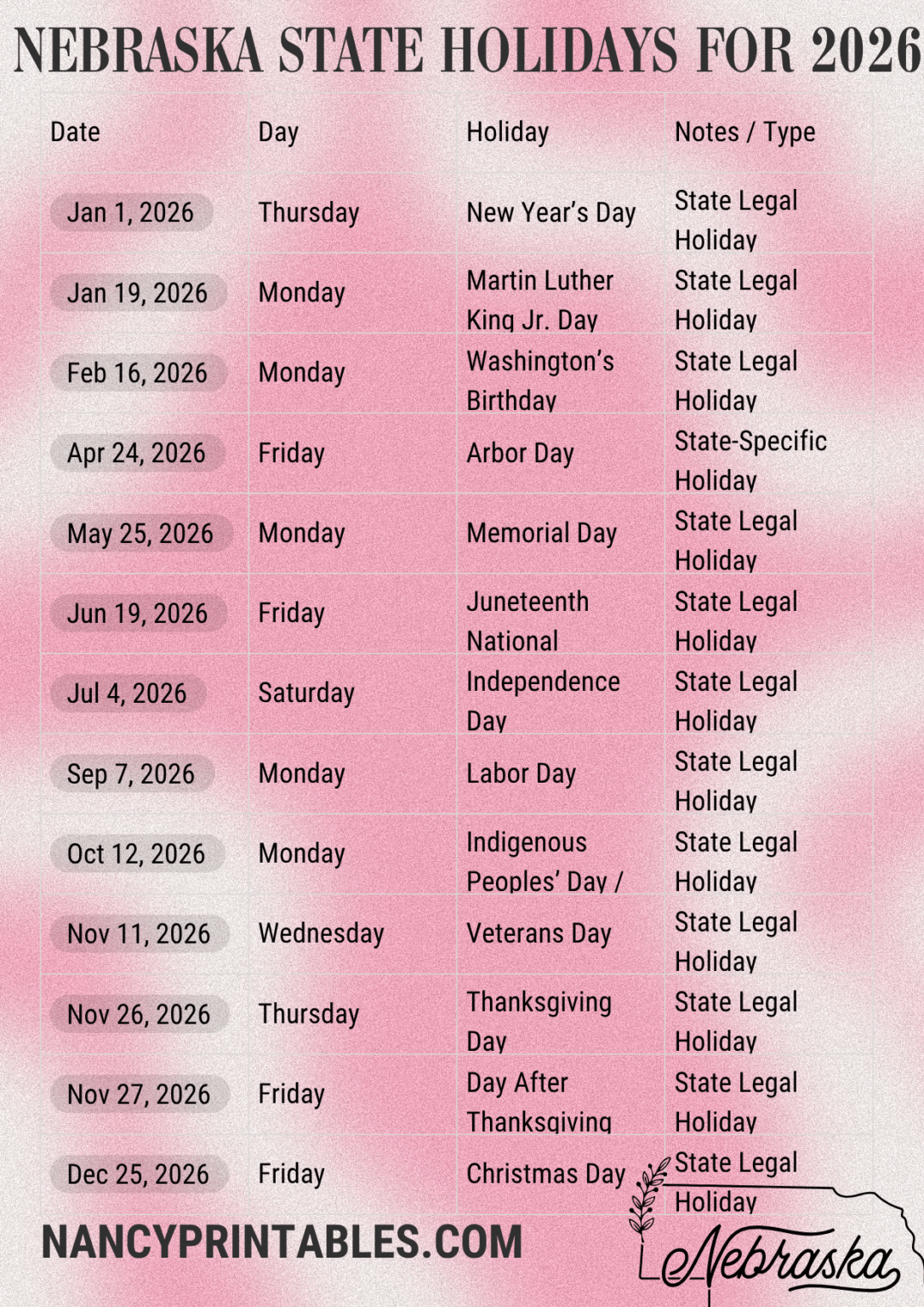 Nebraska NE State Holidays 2026 Calendar Printables - nancyprintables.com