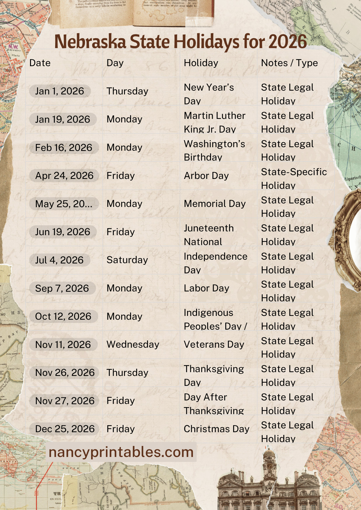 Nebraska NE State Holidays 2026 Calendar Printables - nancyprintables.com
