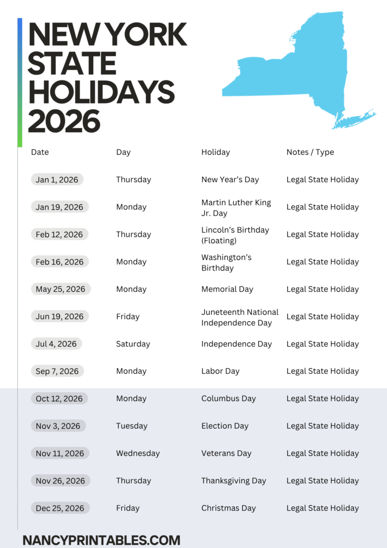 New York NY State Holidays 2026 PDF Schedule Downloadable ...