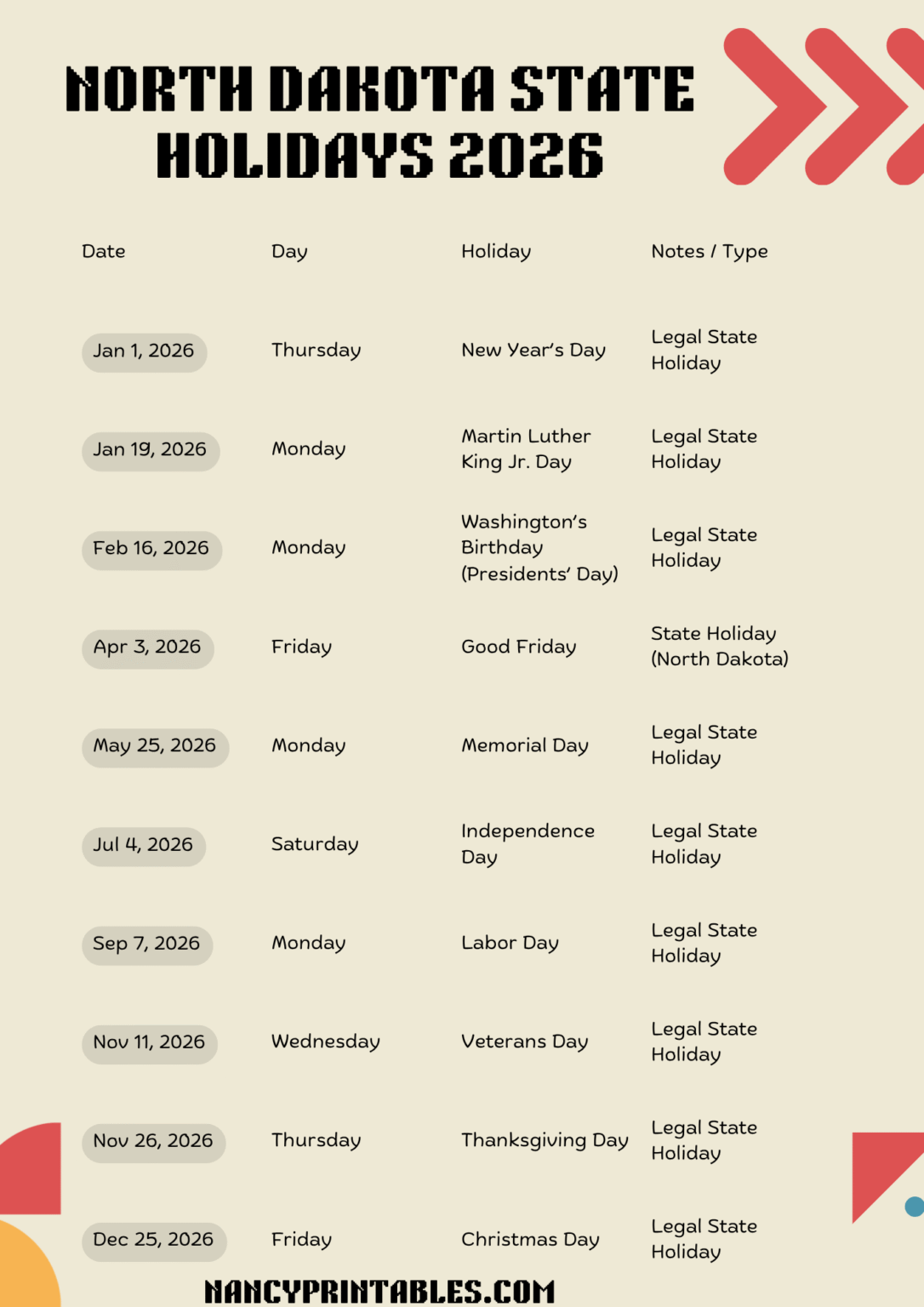 North Dakota ND State Holidays Calendar 2026 - Printable PDF ...