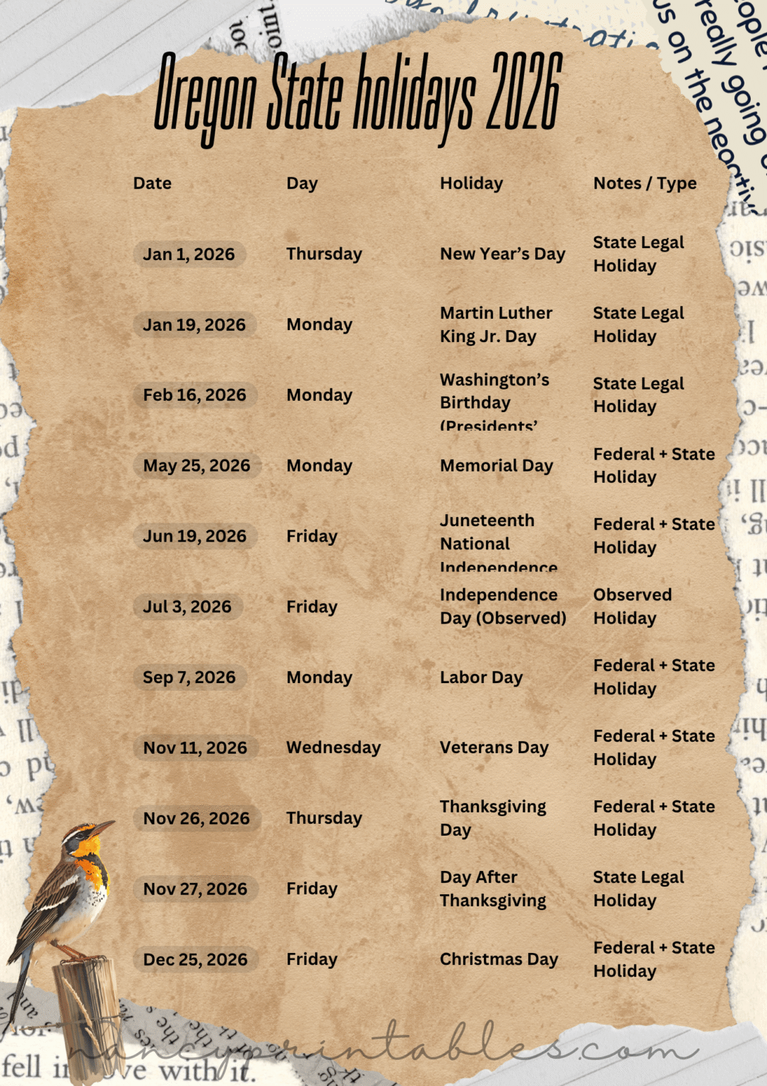 Oregon State Holidays 2026 - Printable Calendar - nancyprintables.com