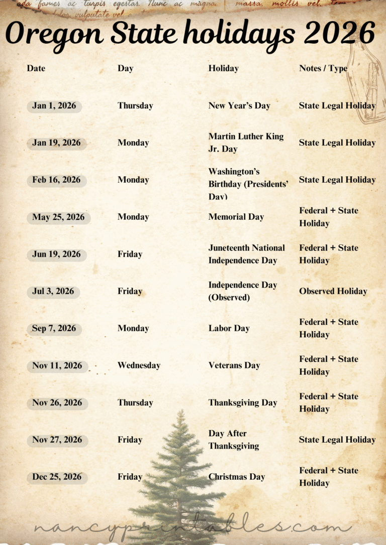 Oregon State OR Holidays 2026 - Printable Calendar - nancyprintables.com