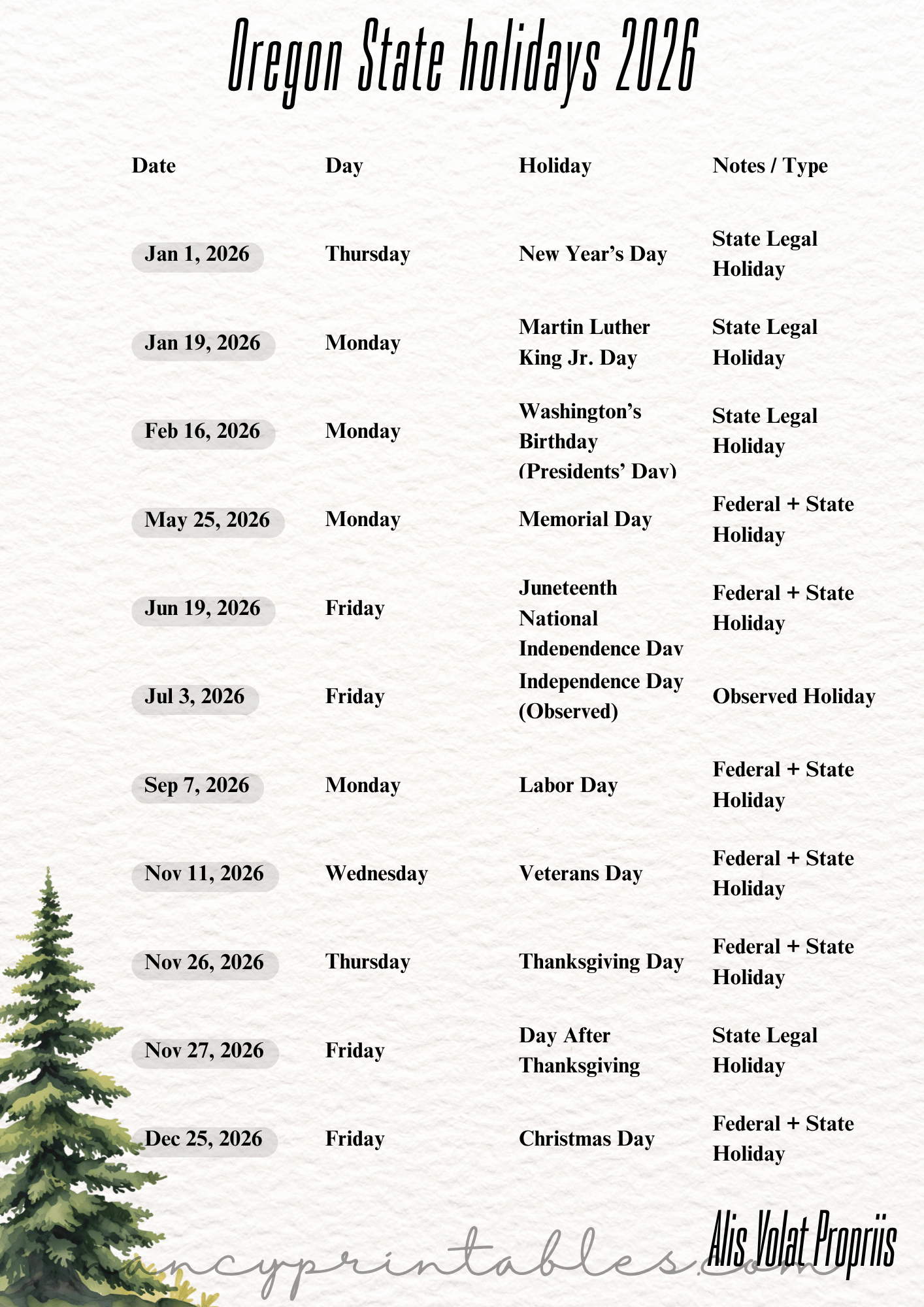 Oregon State OR Holidays 2026 - Printable Calendar - nancyprintables.com