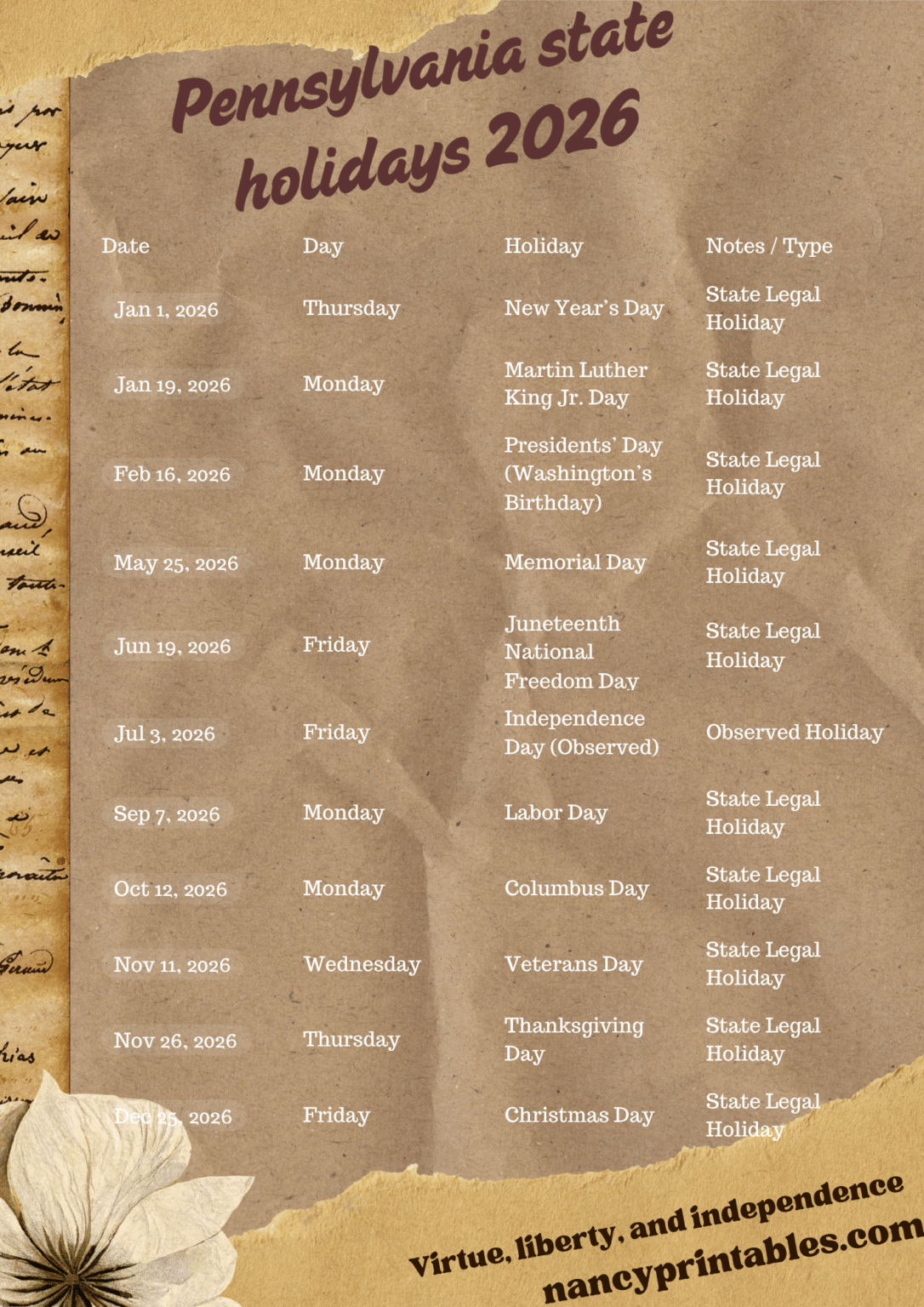 Pennsylvania PA State Holidays 2026 - Printable Schedule ...