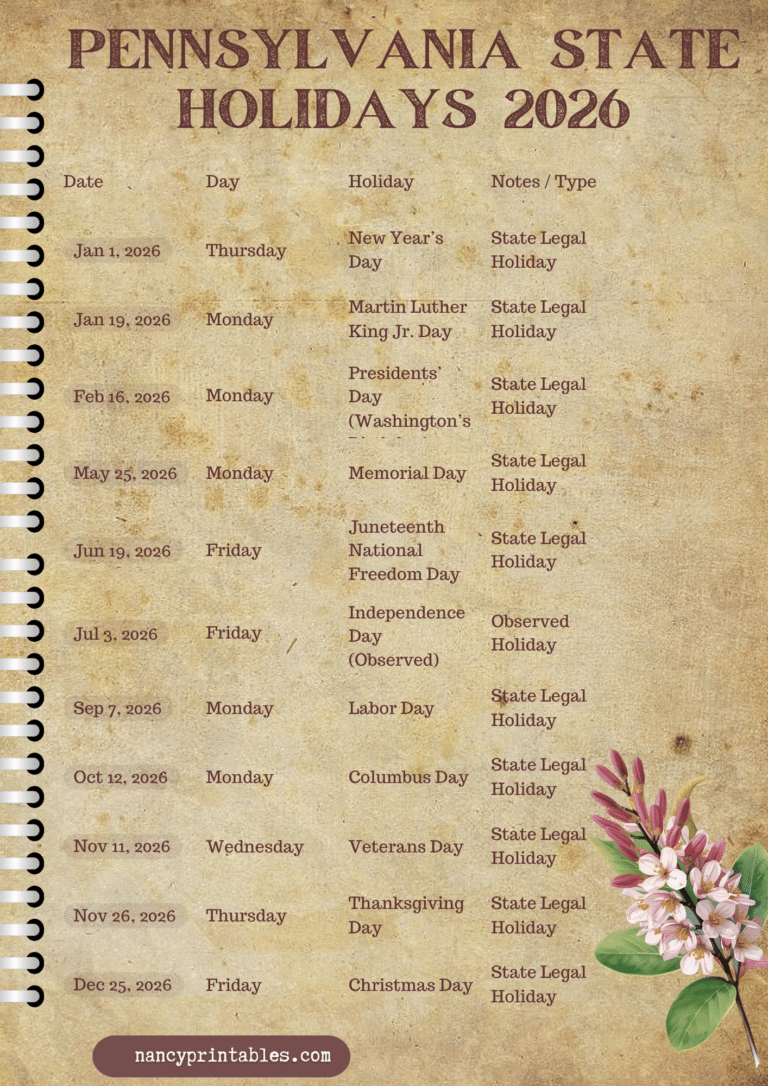 Pennsylvania PA State Holidays 2026 - Printable Schedule ...