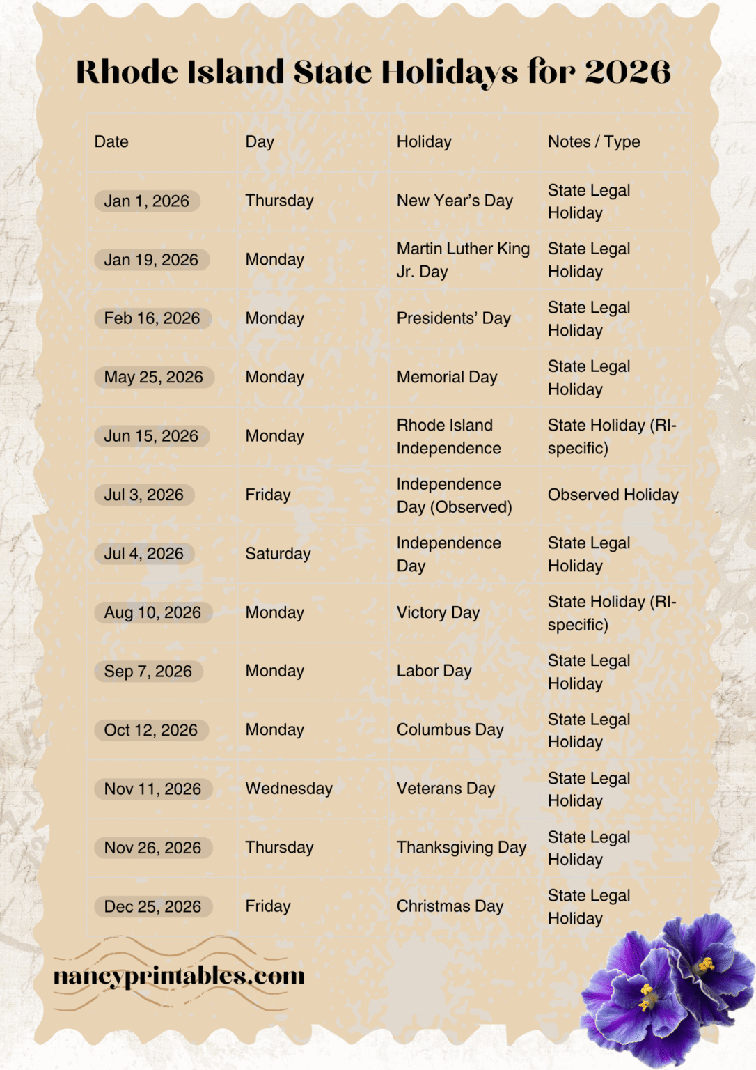 Rhode Island RI State Holidays 2026 Printable Calendar PDF ...