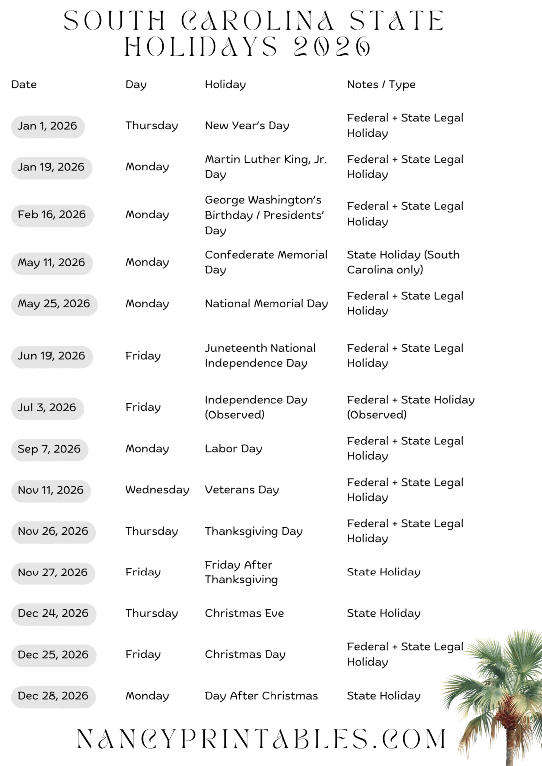South Carolina SC State Holidays 2026 Printable Calendar PDF ...