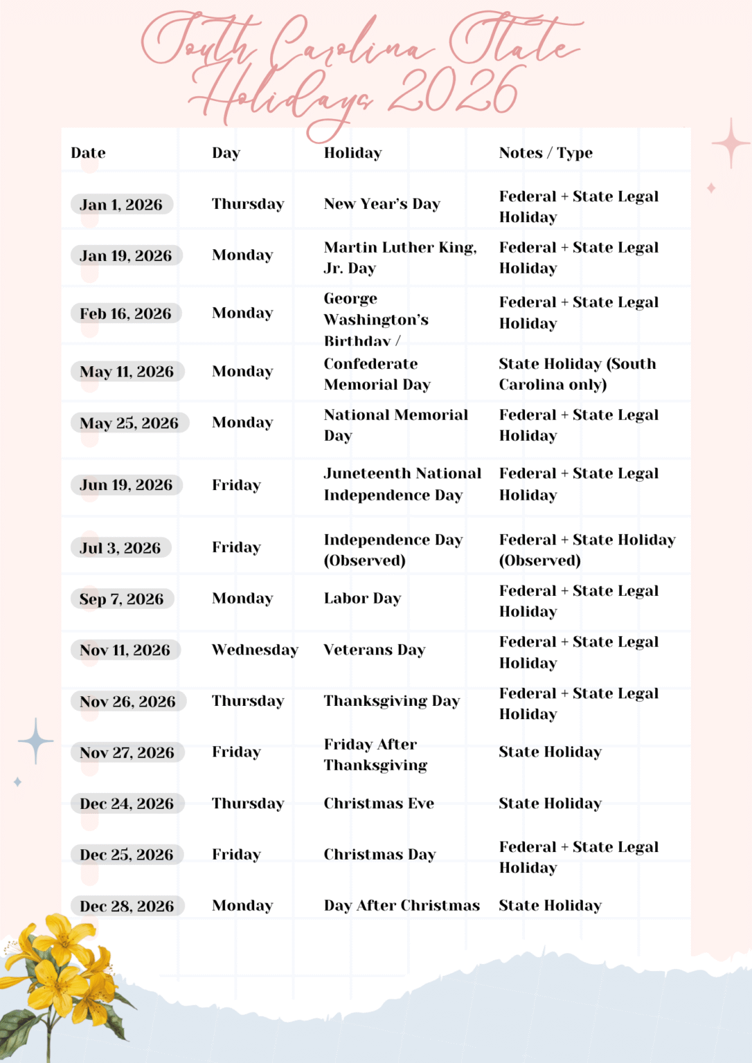 South Carolina SC State Holidays 2026 Printable Calendar PDF ...