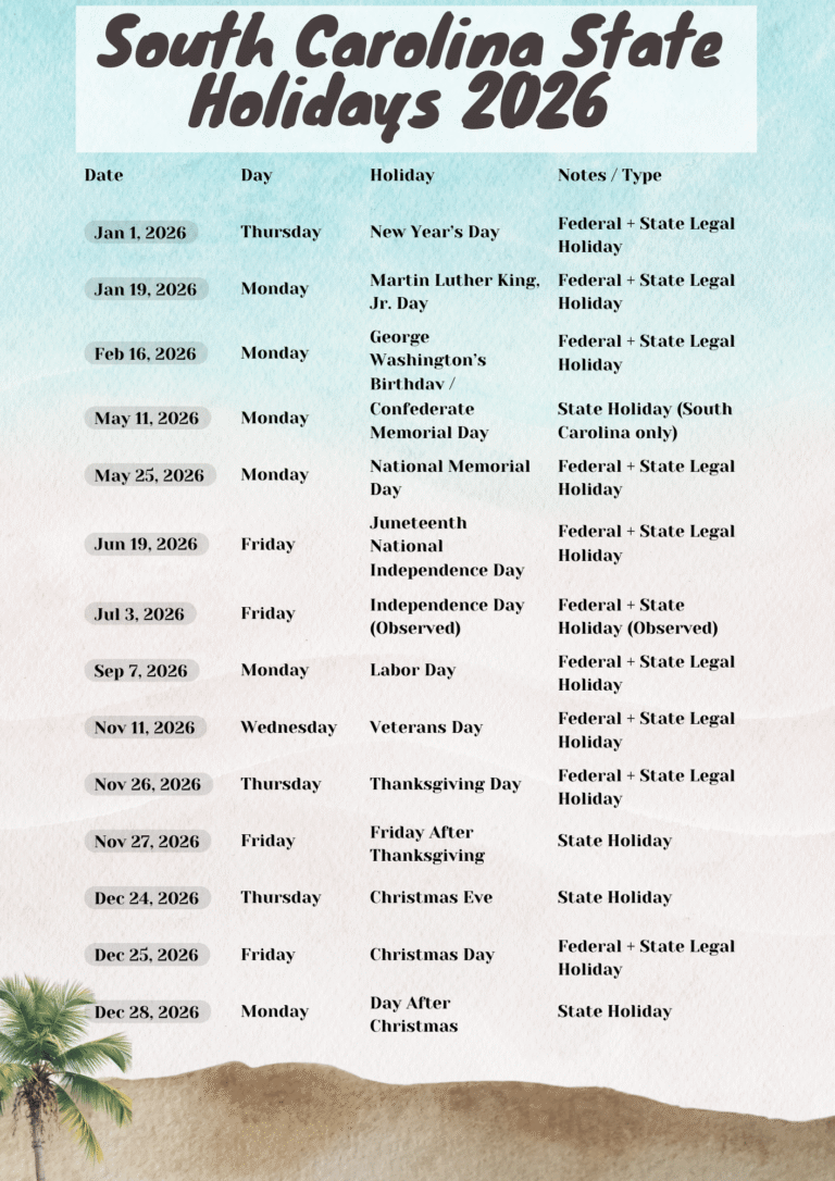 South Carolina SC State Holidays 2026 Printable Calendar PDF ...