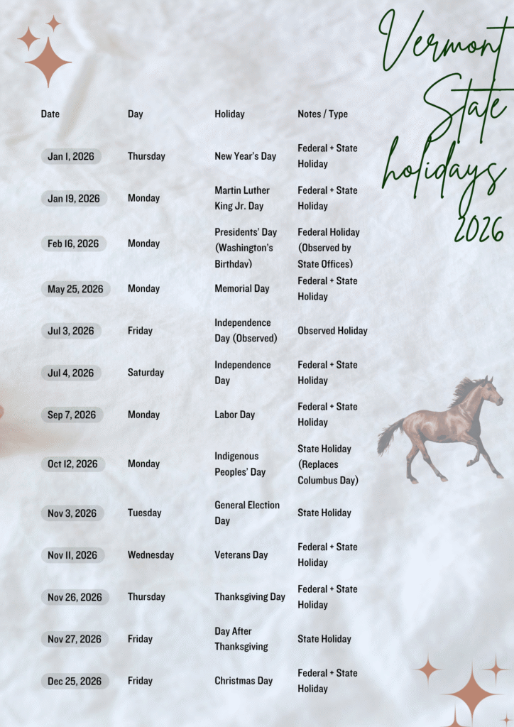 Vermont State Holidays 2026 - VT Printable Schedule - nancyprintables.com