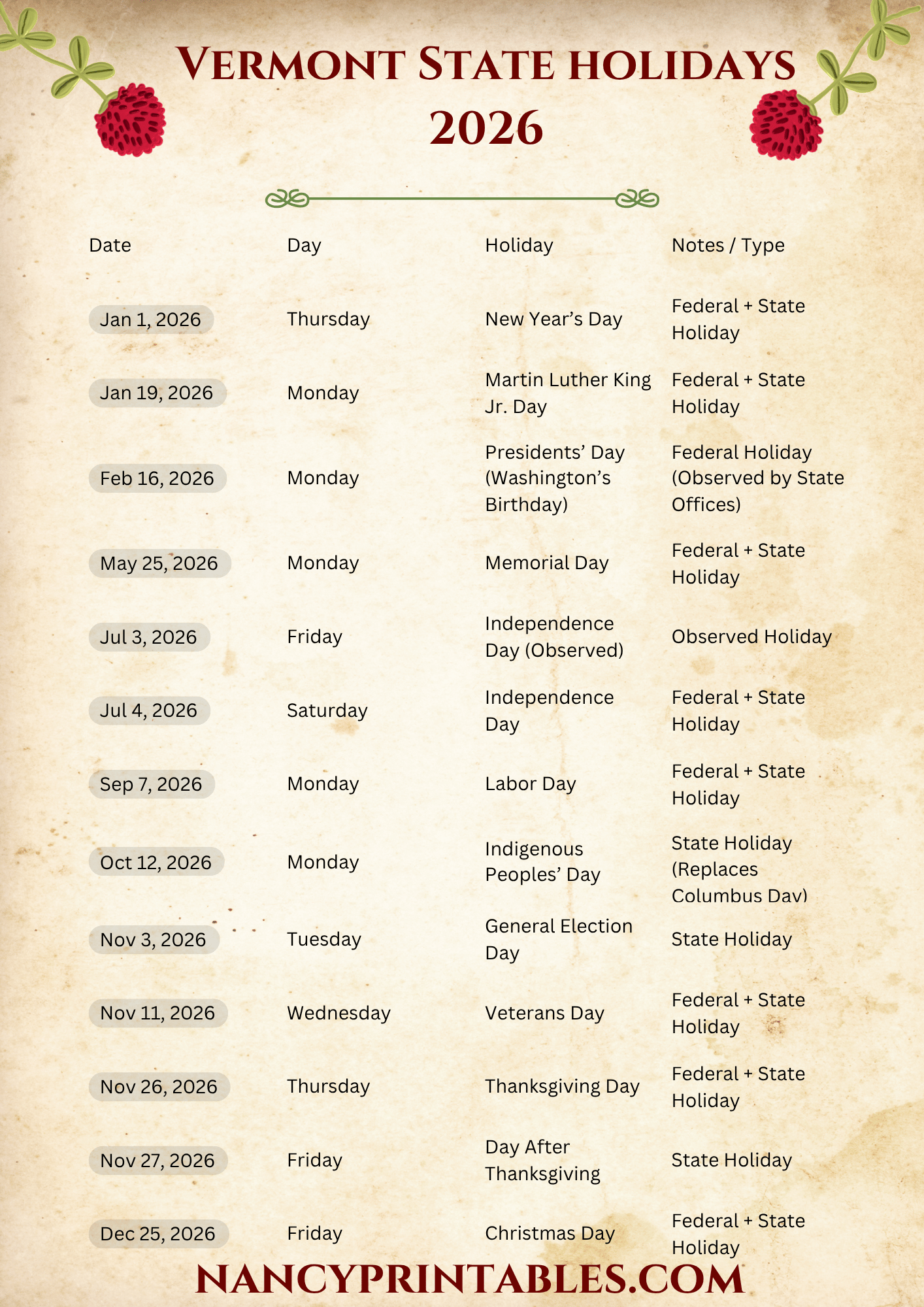 Vermont State Holidays 2026 - VT Printable Schedule - nancyprintables.com